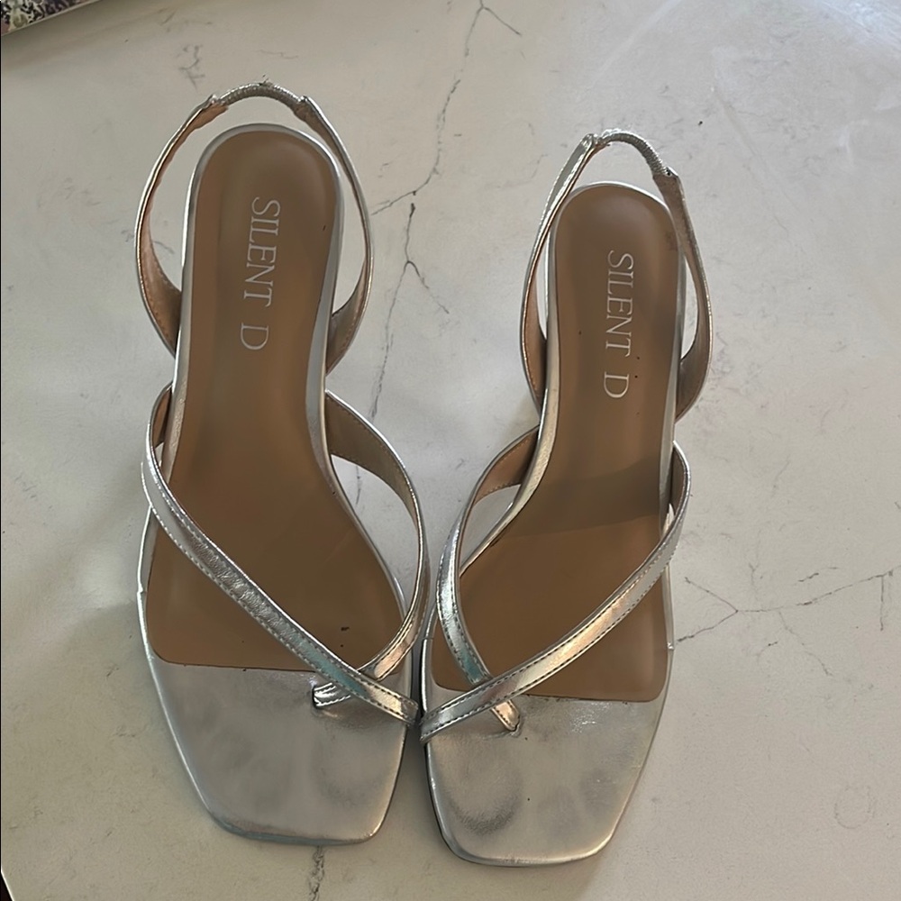 Silver Square-Toe Slingback Heels - Gem